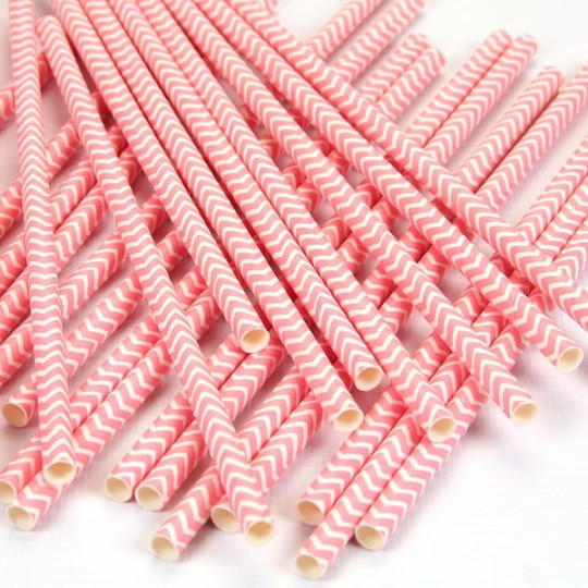 Pailles rétro chevron rose clair et blanc en papier